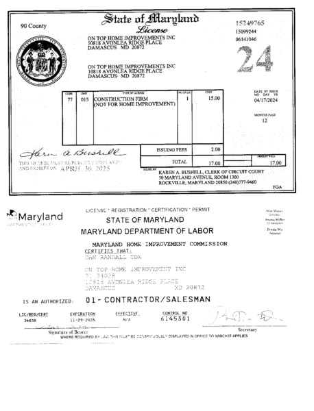 OTHI MD Contractor Licenses April 2024_1 | On Top Home Improvements, Inc.
