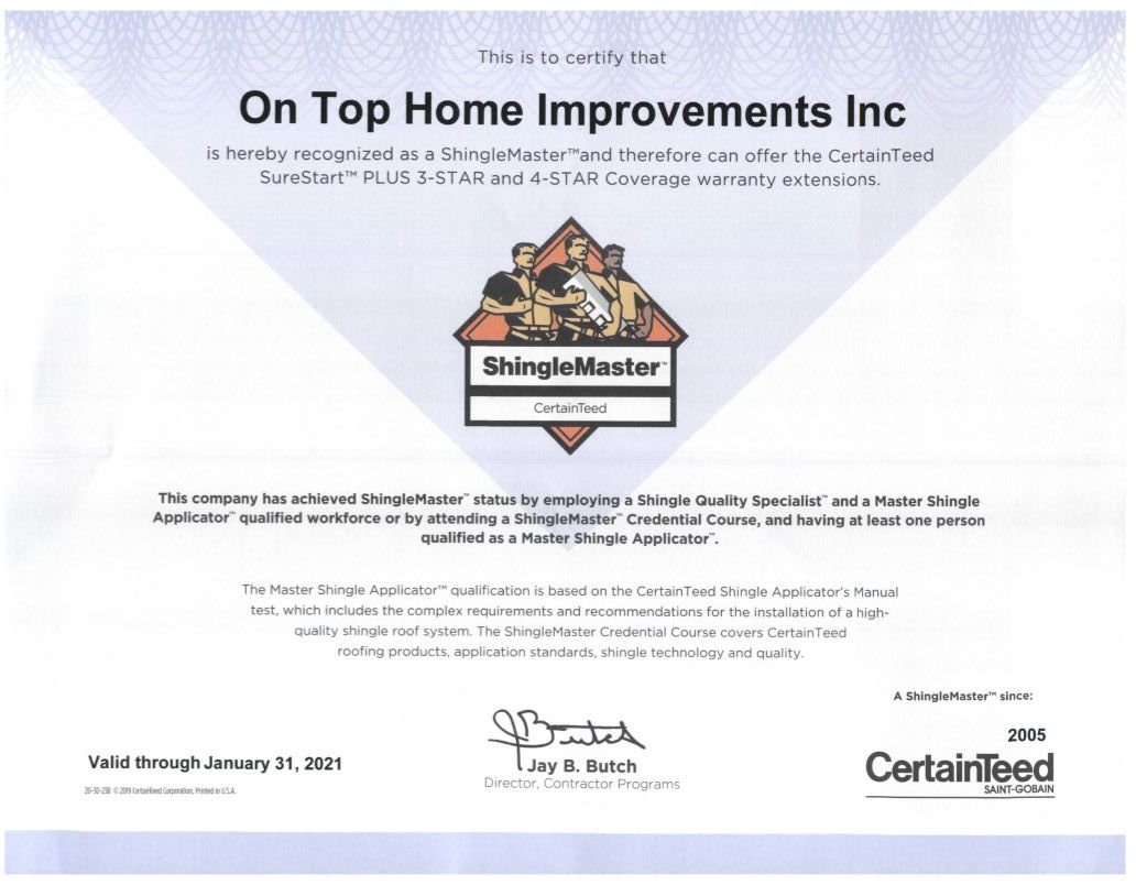 certainteed-shinglemaster-certicificate | On Top Home Improvements, Inc.