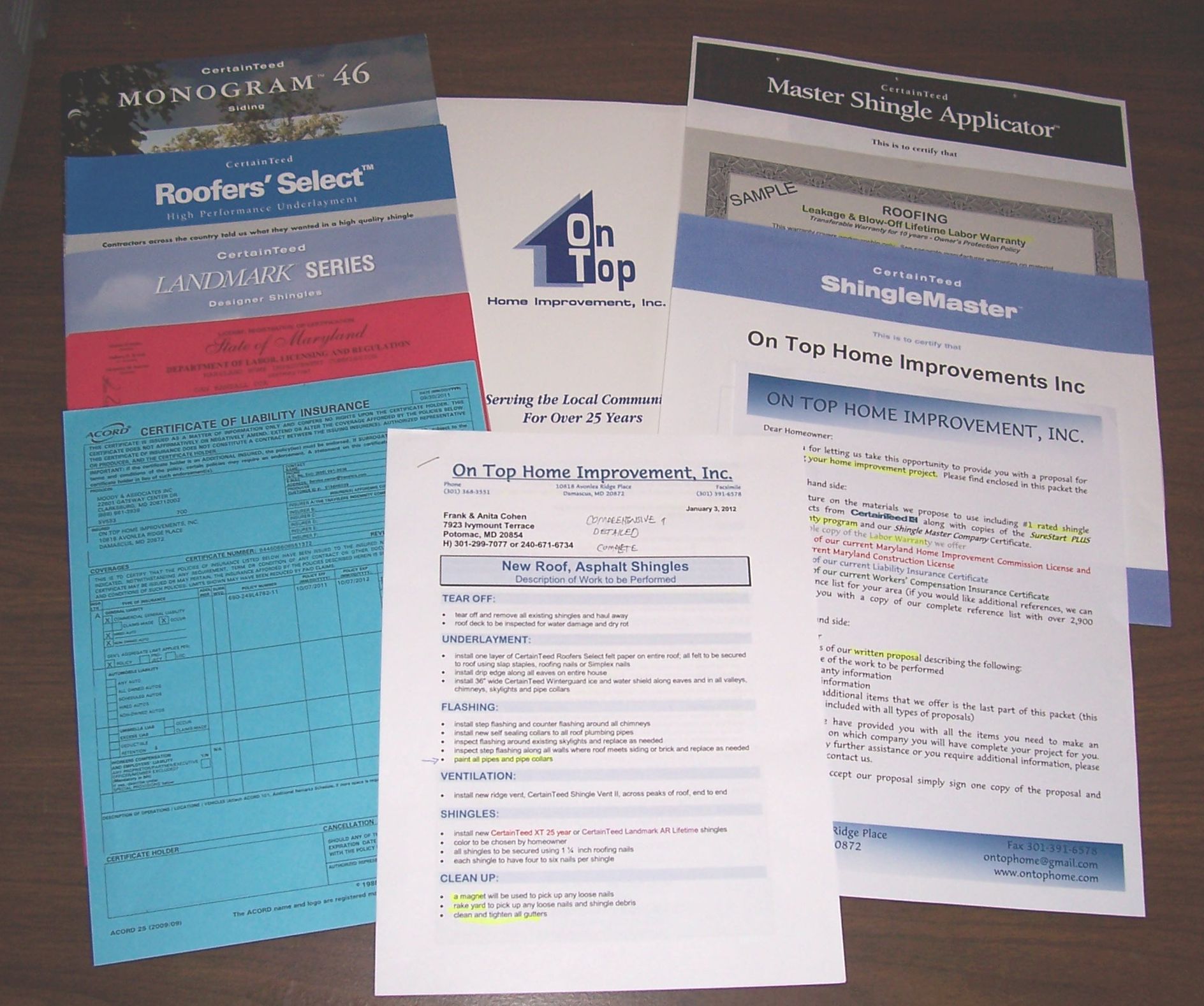 Estimate package | On Top Home Improvements, Inc.