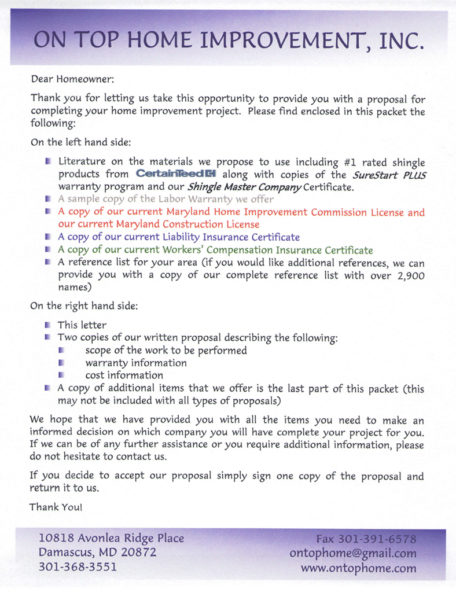 Proposals | On Top Home Improvements, Inc.