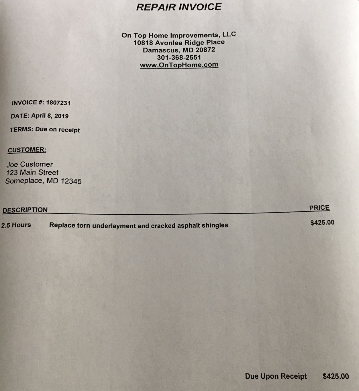 Our explanation of repair invoice costs | On Top Home Improvements, Inc.